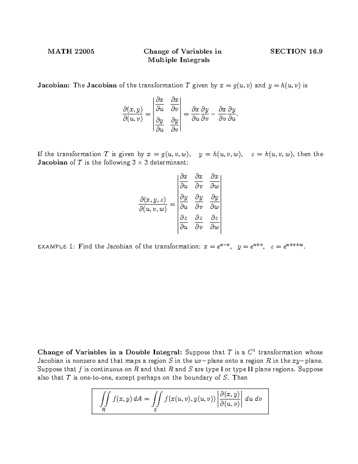 Change of Variables in Multiple Integrals - MATH 22005 Change of ...