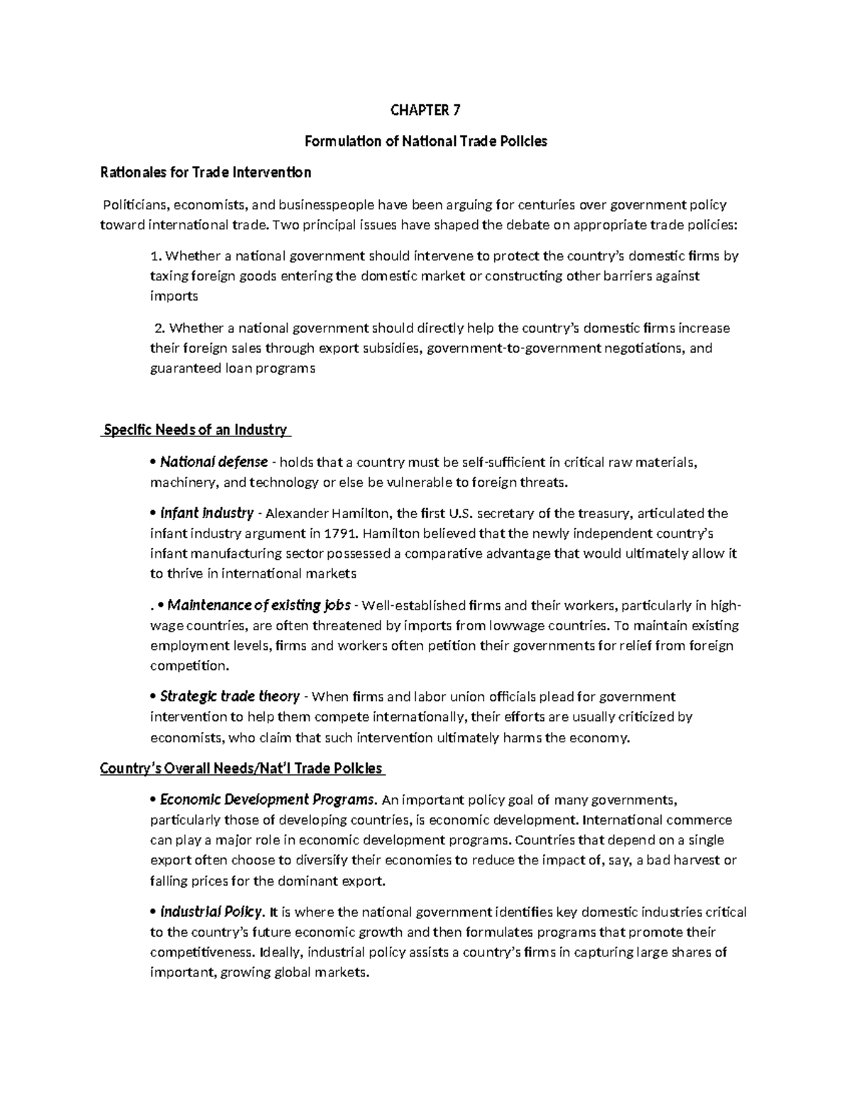 Module-7 - N/a - CHAPTER 7 Formulation of National Trade Policies Rationales for Trade ...