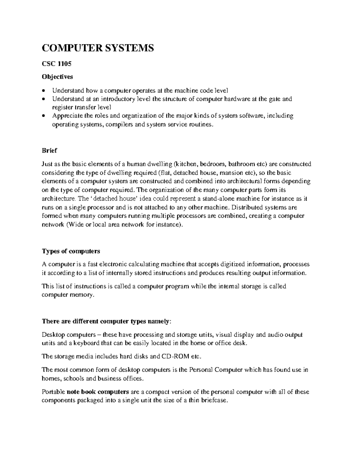Computer Systems - cool - COMPUTER SYSTEMS CSC 1105 Objectives ...