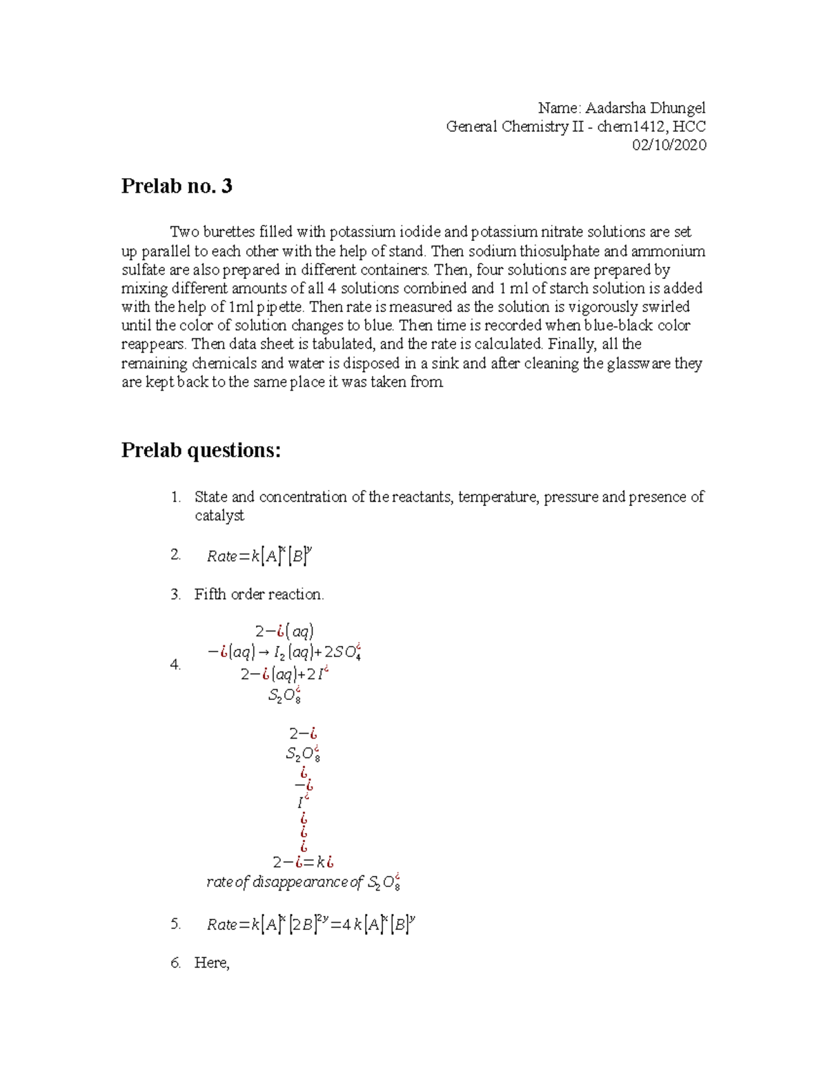 Pre lab report 3 - Name: Aadarsha Dhungel General Chemistry II ...