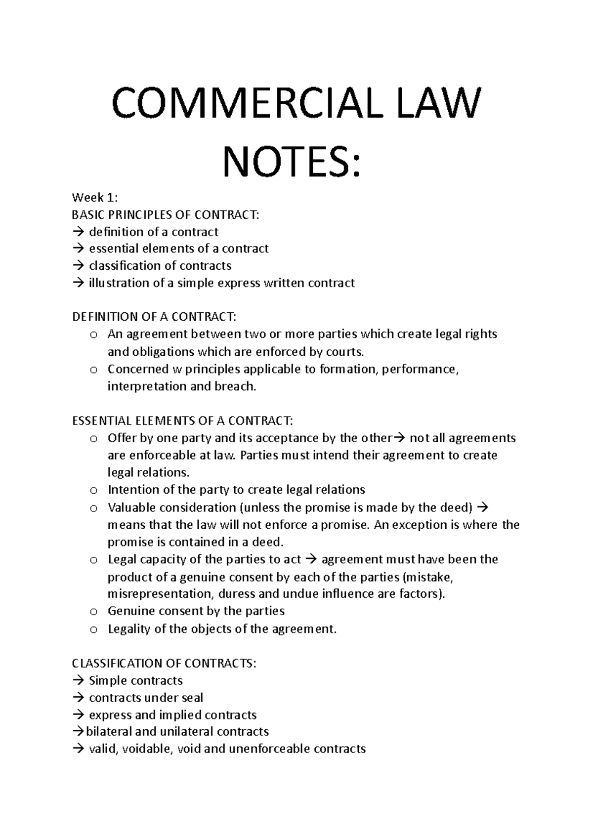 Commercial law notes - COMMERCIAL LAW NOTES: Week 1: BASIC PRINCIPLES ...