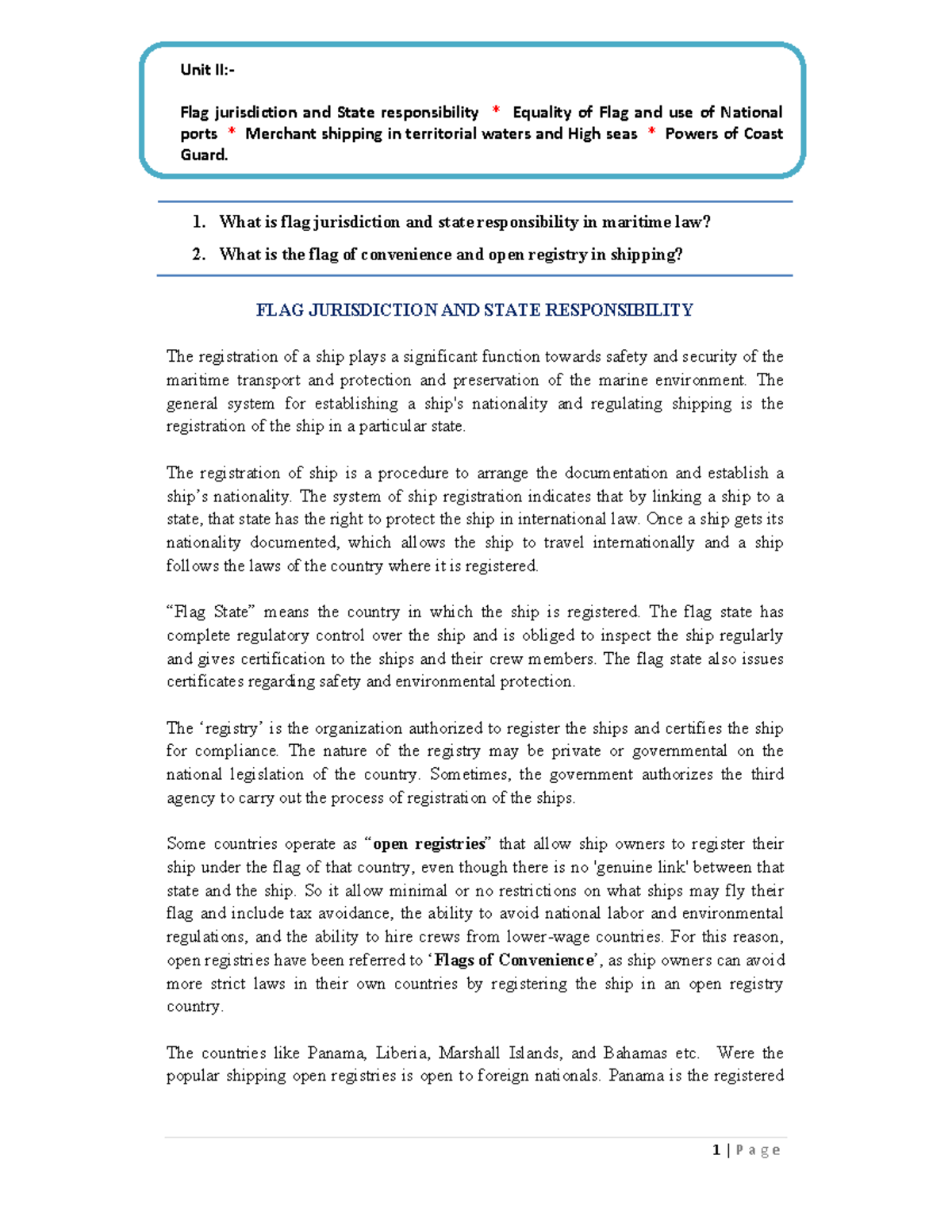 Maritime Law Flag state - 1 | P a g e FLAG JURISDICTION AND STATE ...