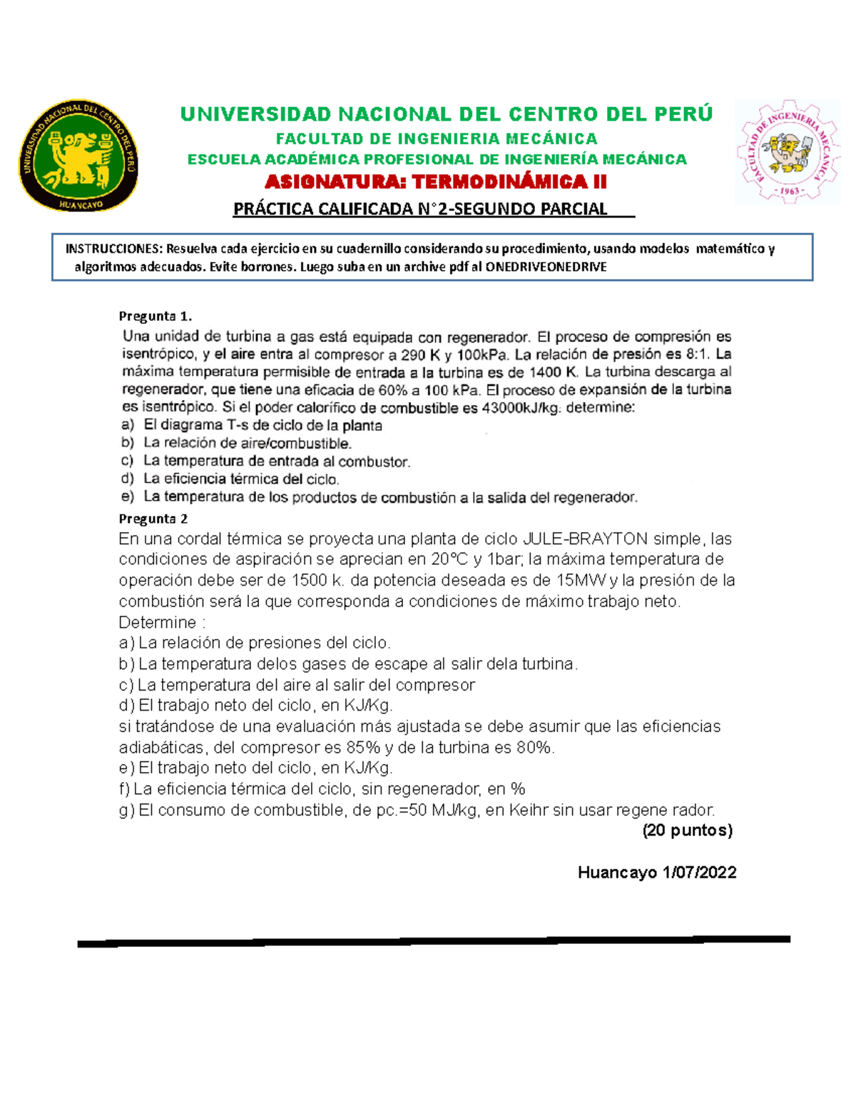 Primera Práctica Calificada- Parcial N°2 - UNIVERSIDAD NACIONAL DEL CENTRO DEL PERÚ FACULTAD DE ...