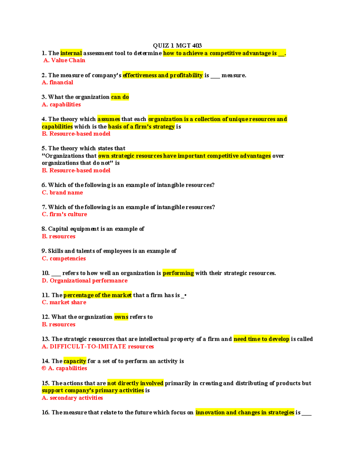TỔNG-QUIZ-MGT-403 - Summary Quản trị Chiến Lược D - QUIZ 1 MGT 403 The ...