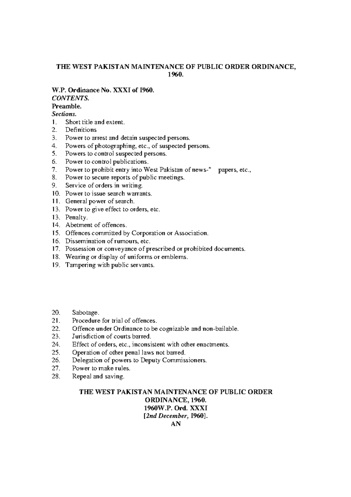 WEST Pakistan Maintenance OF Public Order Ordinance - THE WEST PAKISTAN ...