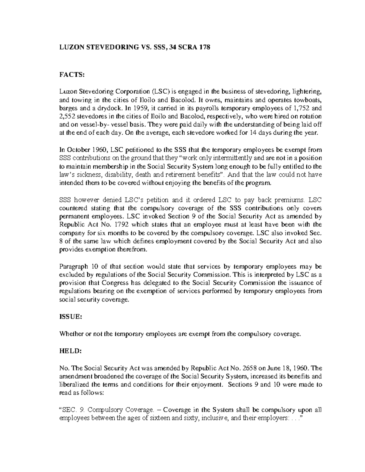 Luzon Stevedoring vs. SSS - LUZON STEVEDORING VS. SSS, 34 SCRA 178 ...
