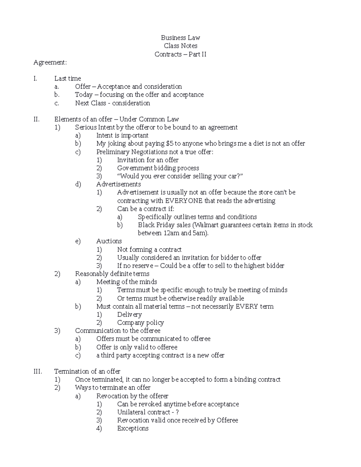 Contracts - Part II - Contract Notes - Business Law Class Notes ...