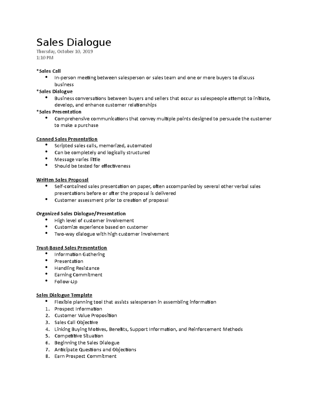 MKTG 542 Ch6 - Lecture notes 6 - Sales Dialogue Thursday, October 10 ...