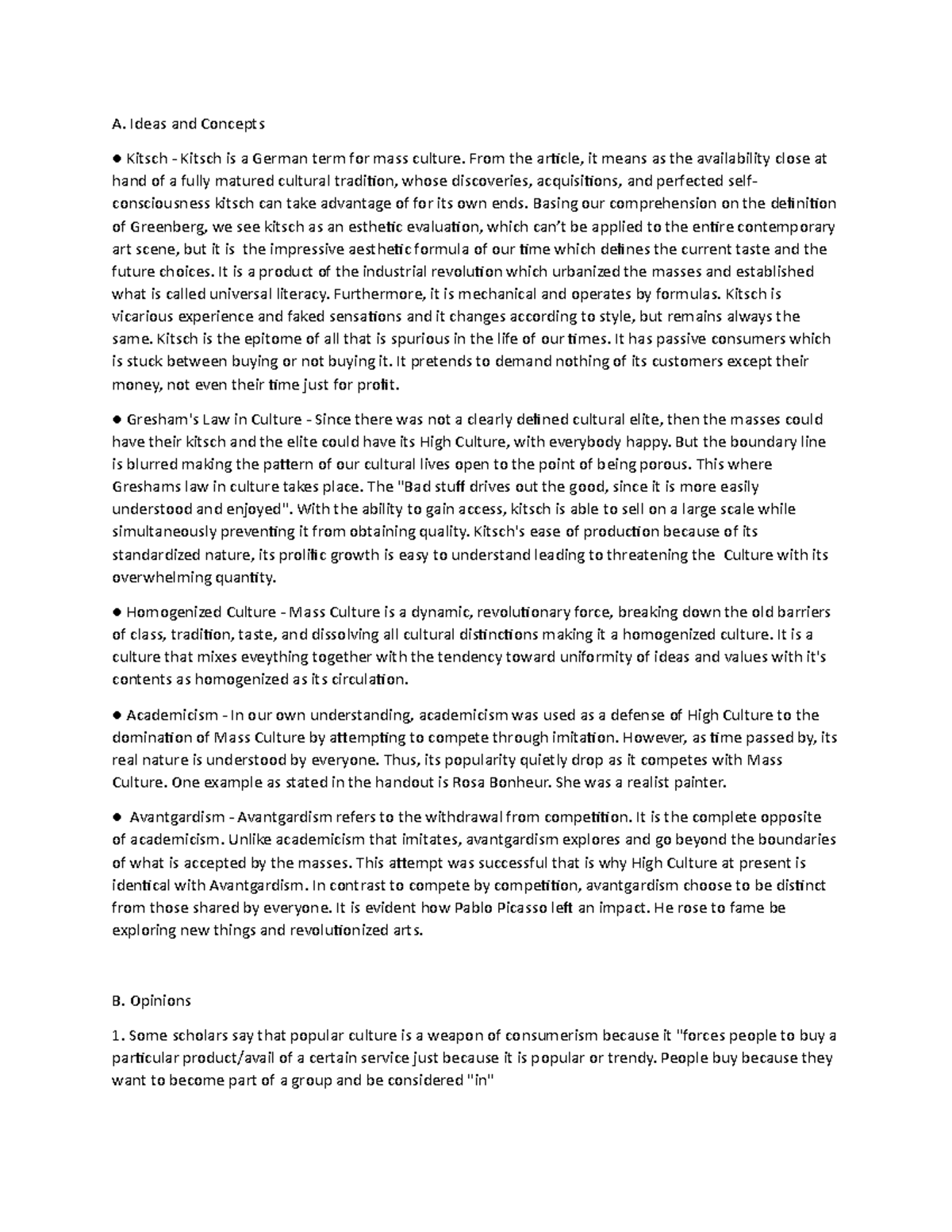 Pop Culture Task3 - ..... - A. Ideas and Concepts Kitsch - Kitsch is a ...