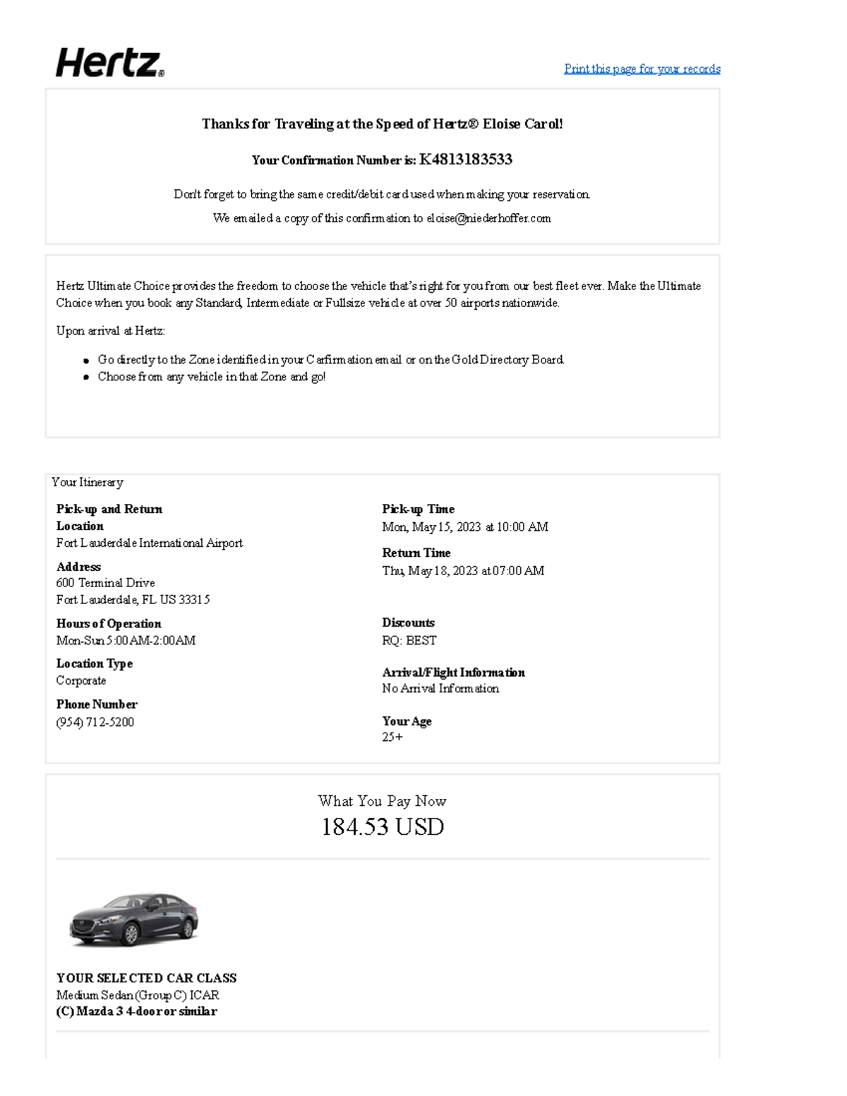 050323 Hertz Florida Trip - Your Itinerary Pick-up and Return Location ...