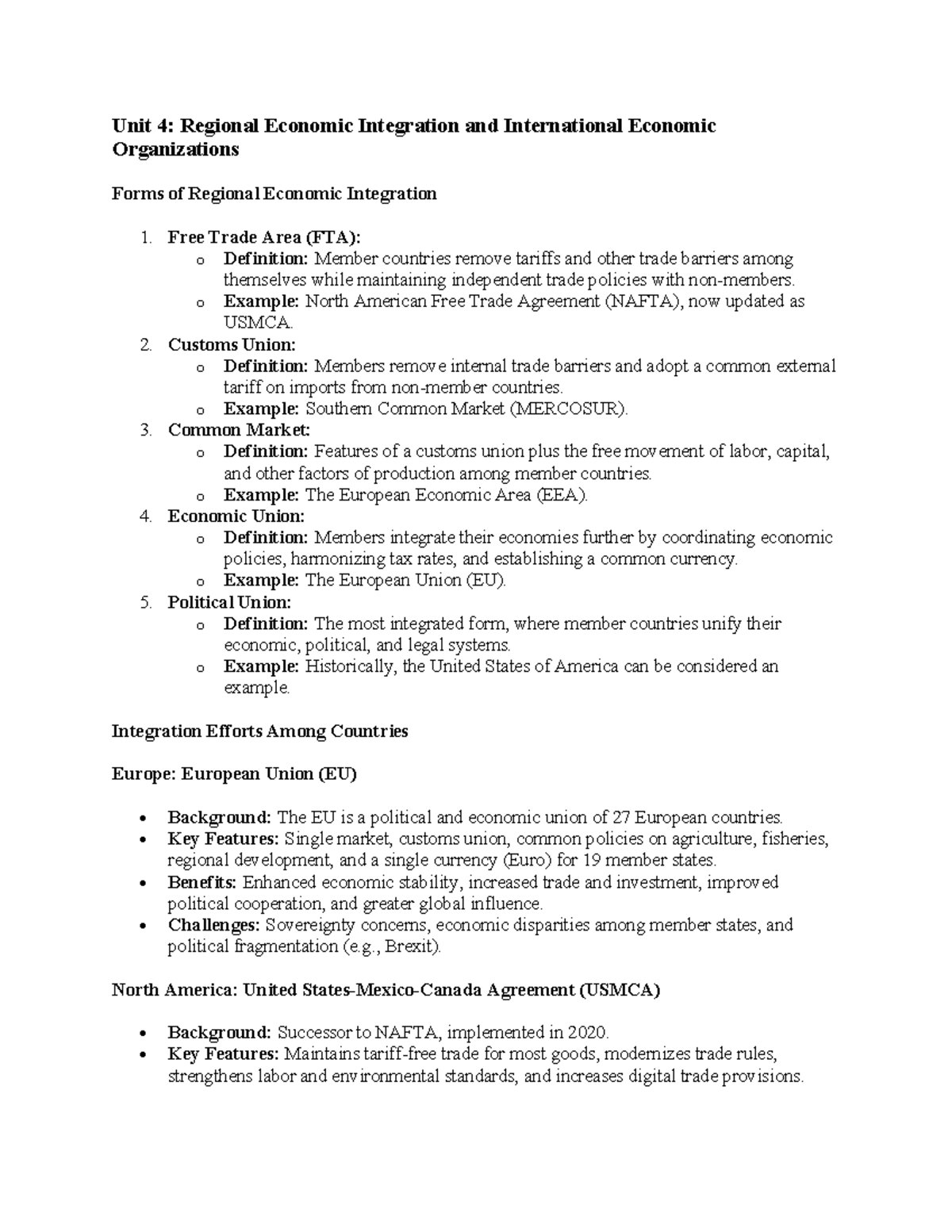 IB UNIT 4 - Unit 4: Regional Economic Integration and International Economic Organizations Forms ...