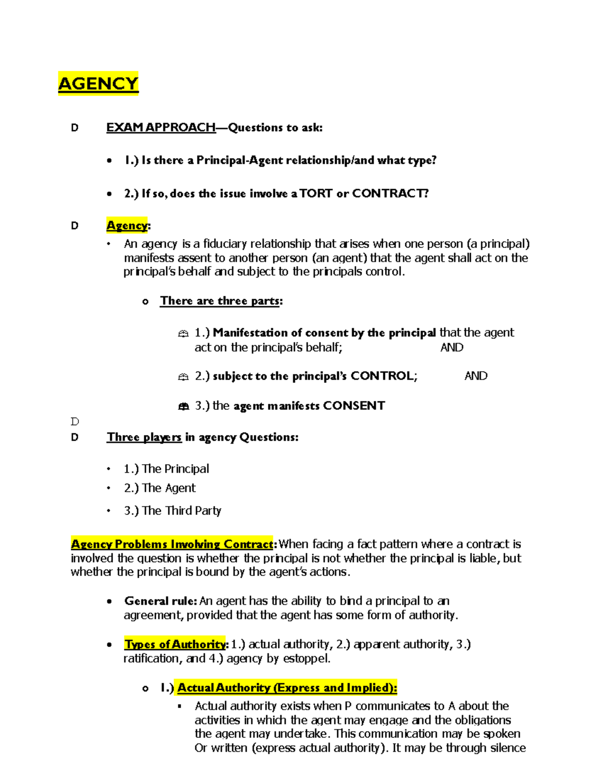 Acing Business Associations Outline - AGENCY D EXAM APPROACH—Questions ...