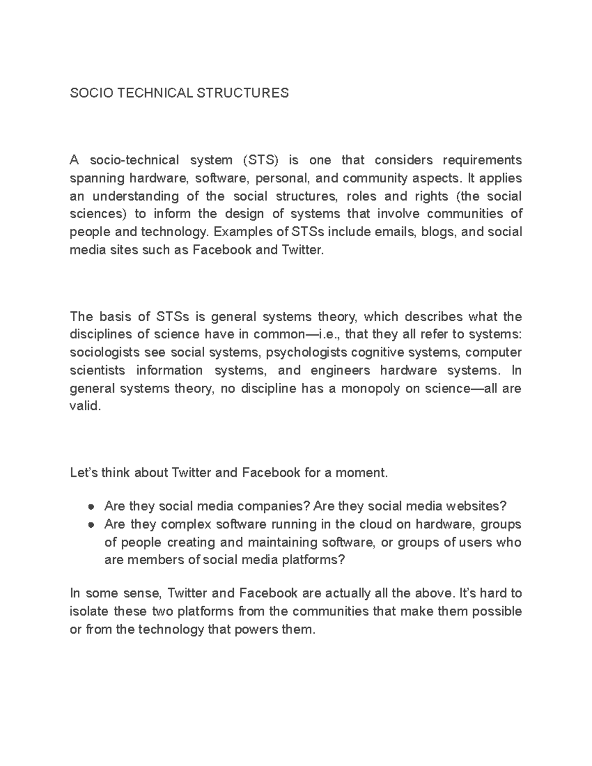 Socio Technical Structures - SOCIO TECHNICAL STRUCTURES A socio ...