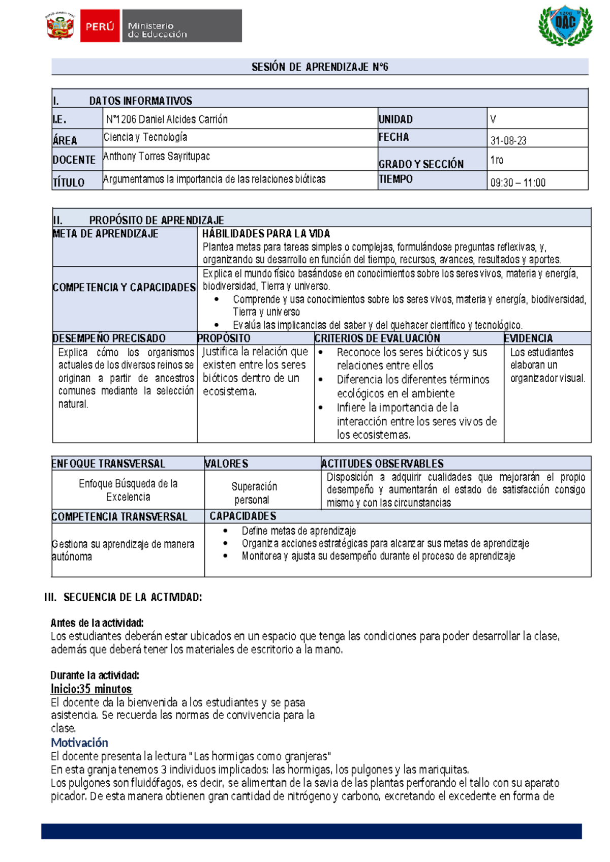 1° U5 S4 Relaciones bióticas - SESIÓN DE APRENDIZAJE N° I. DATOS ...
