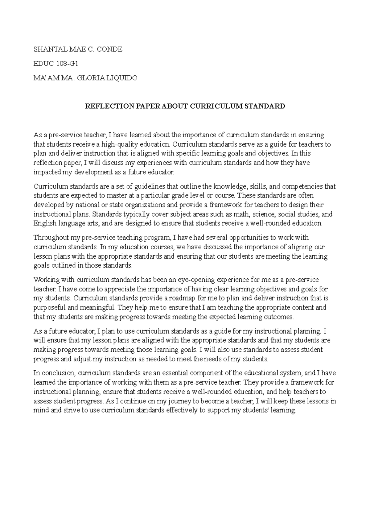 Reflection Paper About THE Curriculum Standard - SHANTAL MAE C. CONDE ...
