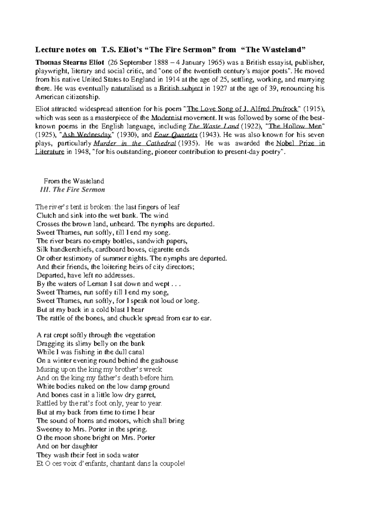Lecture notes Lit Environment T.S. Eliot - Lecture notes on T. Eliot’s ...