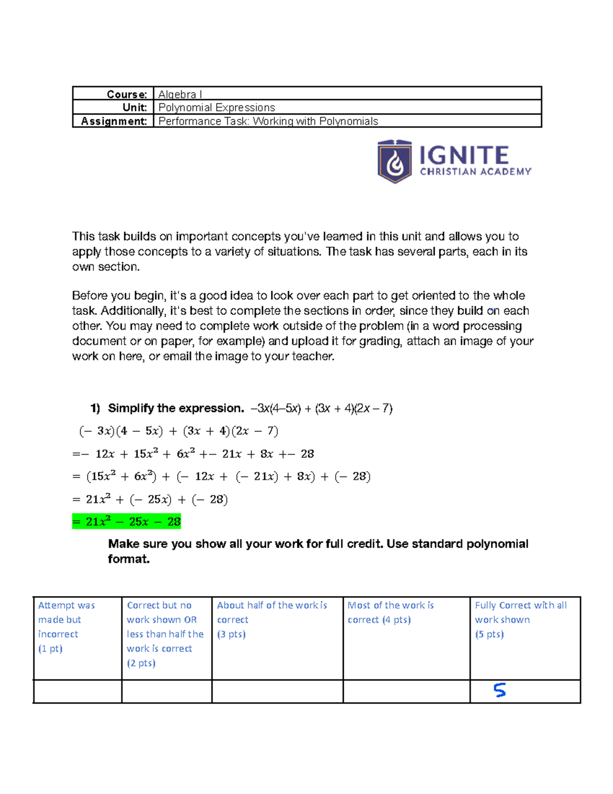 Lastname-M907-Working with Polynomials 2022 Graded - Course: Algebra I ...