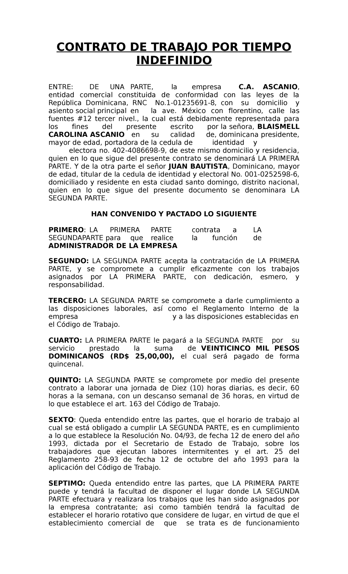 Contrato DE Trabajo POR Tiempo Indefinido - CONTRATO DE TRABAJO POR ...