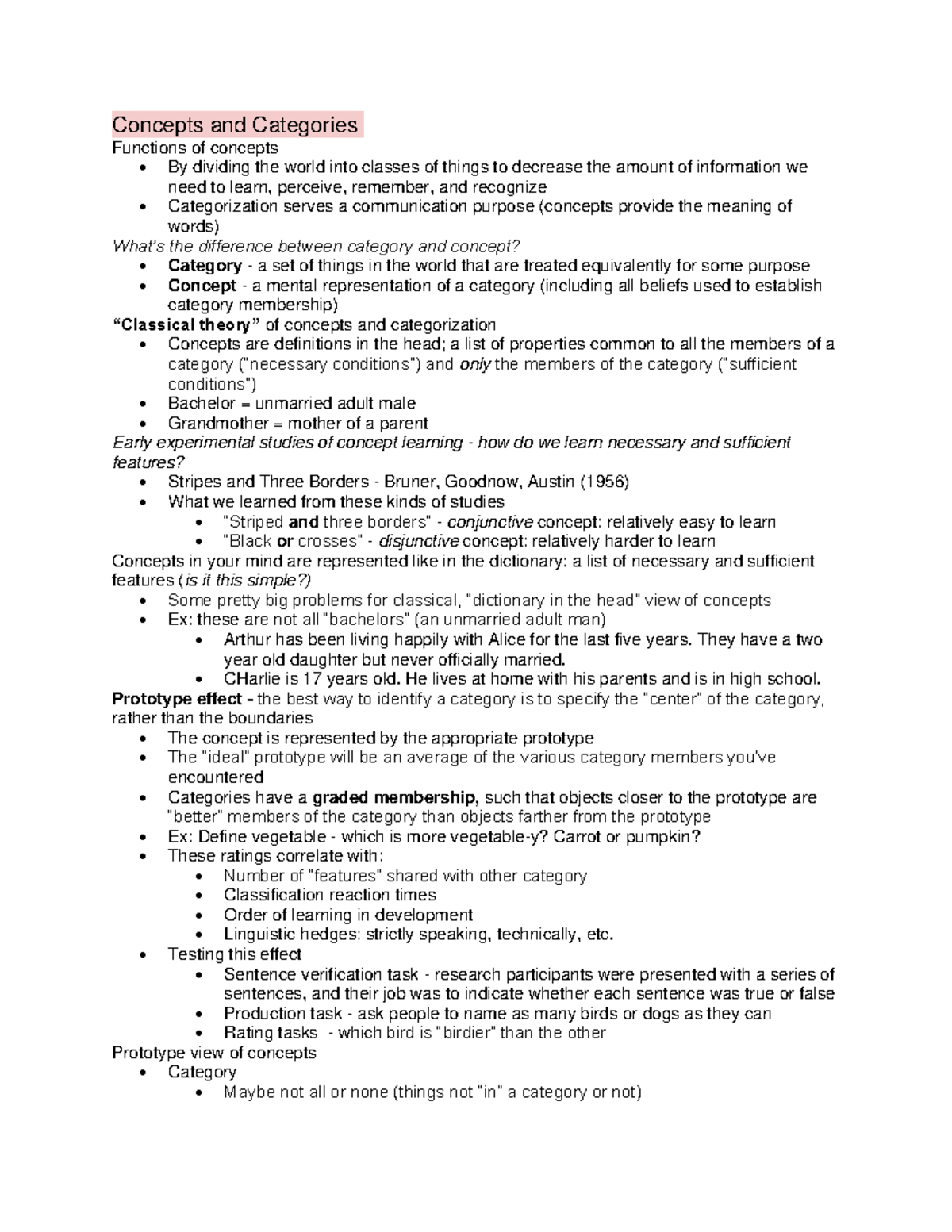 PSY 108 - 7. Concepts and Categories - Concepts and Categories ...