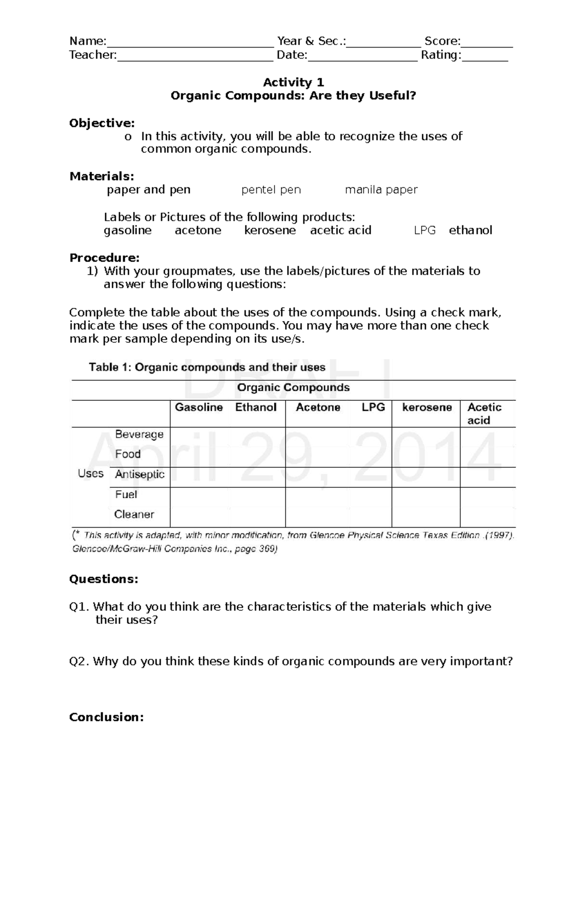 Organic compounds activities - Teacher:___________________________ Date