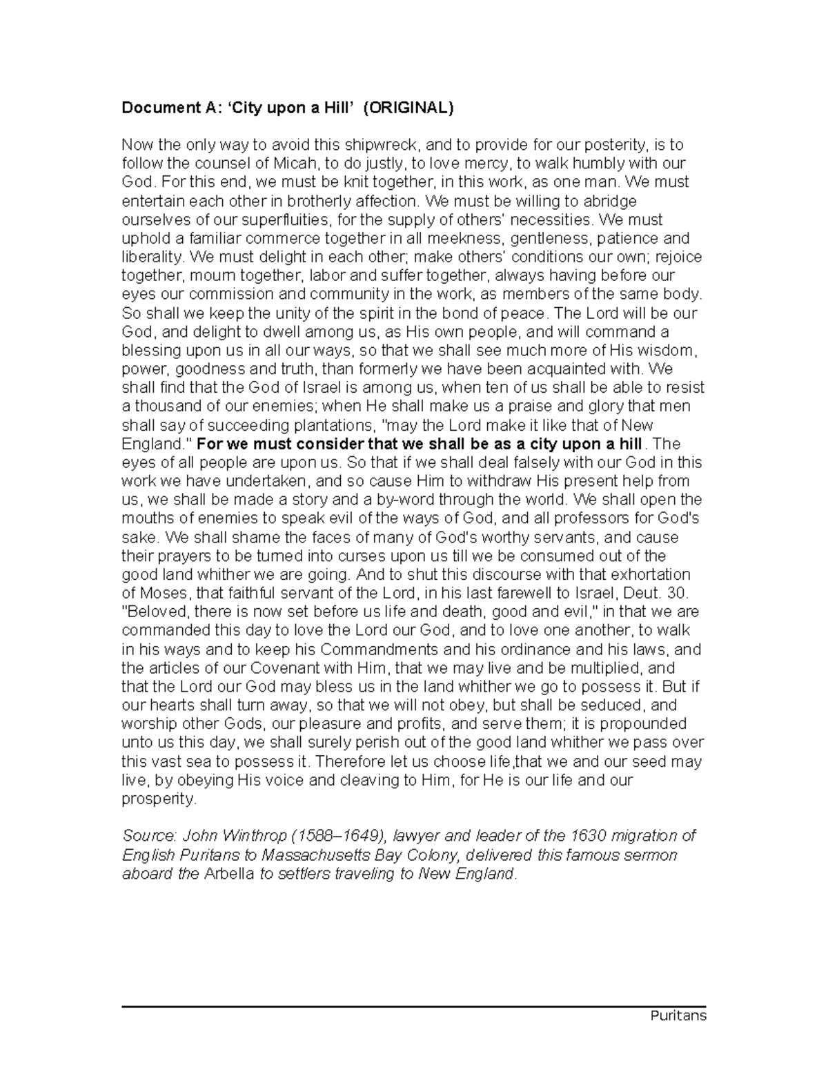 Puritans Original Documents with questions - Document A: ‘City upon a ...