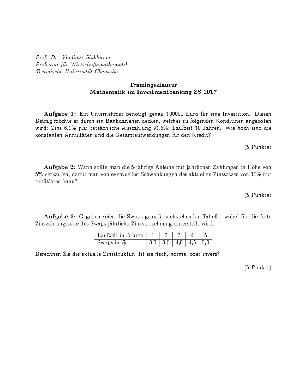 Klausur Sommersemester 2017 - Prof. Dr. Vladimir Shikhman Professur f ̈ur Wirtschaftsmathematik ...