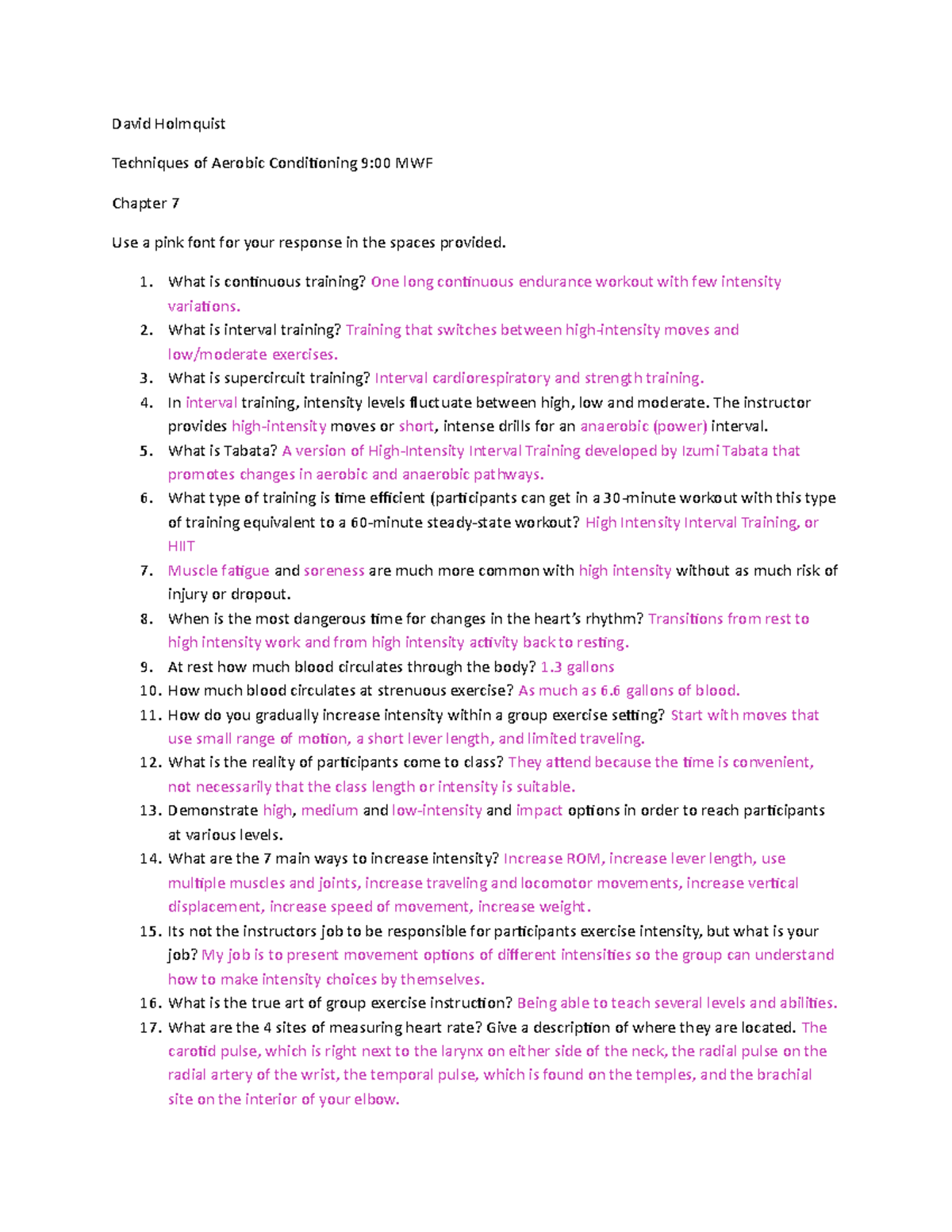 Chapter 7 Questions and Answers - David Holmquist Techniques of Aerobic ...