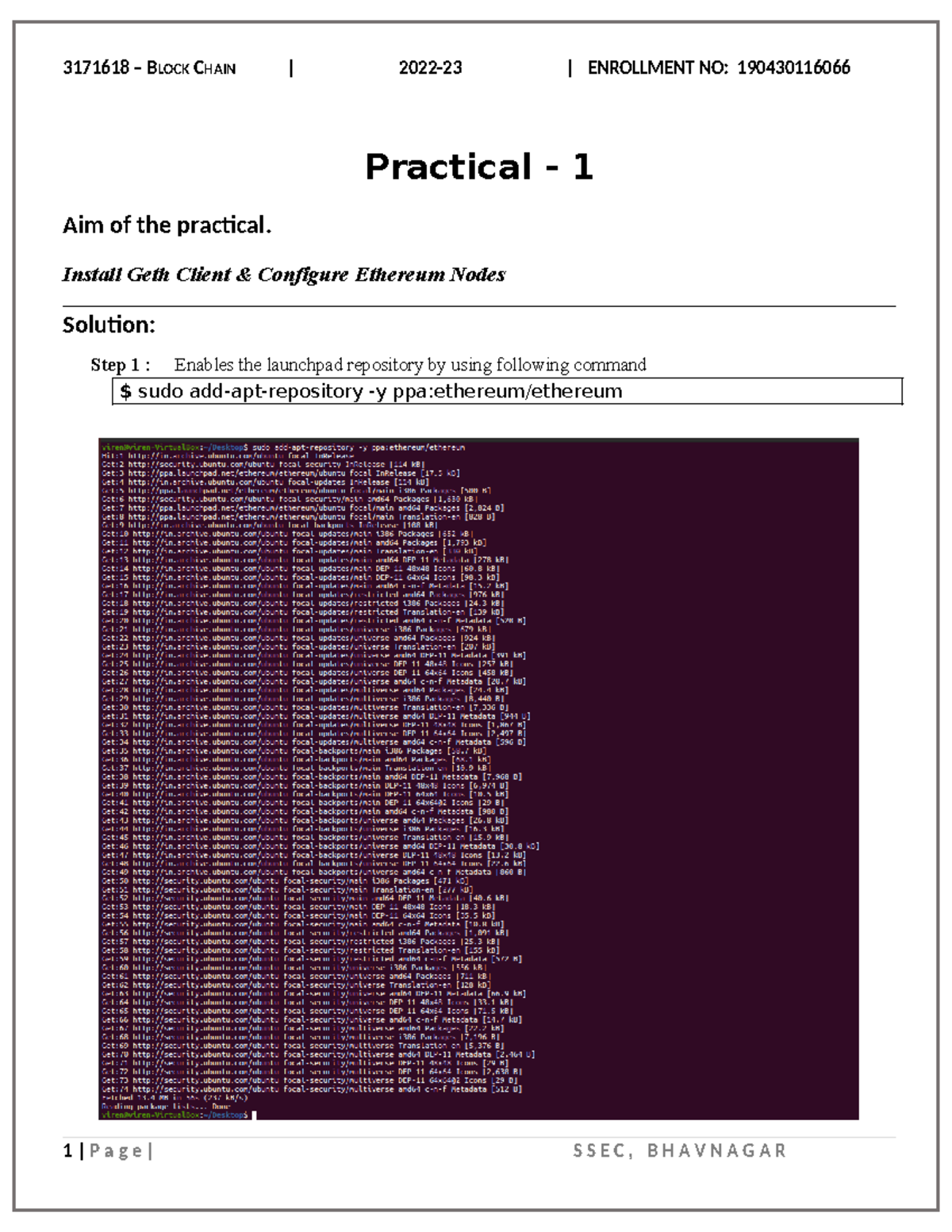 190430116066 Practical 1 BC - Practical - 1 Aim of the practical. Install Geth Client & - Studocu