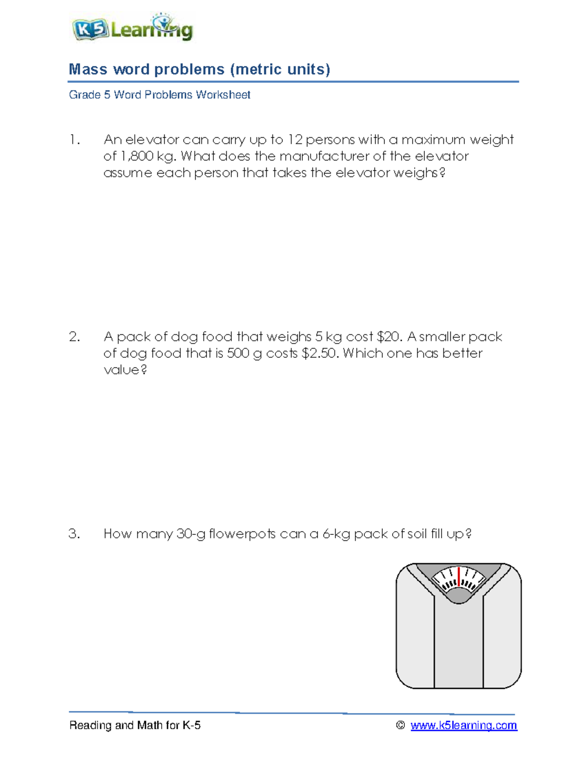 Grade 5 mass word problems b - Reading and Math for K- 5 © k5learning ...