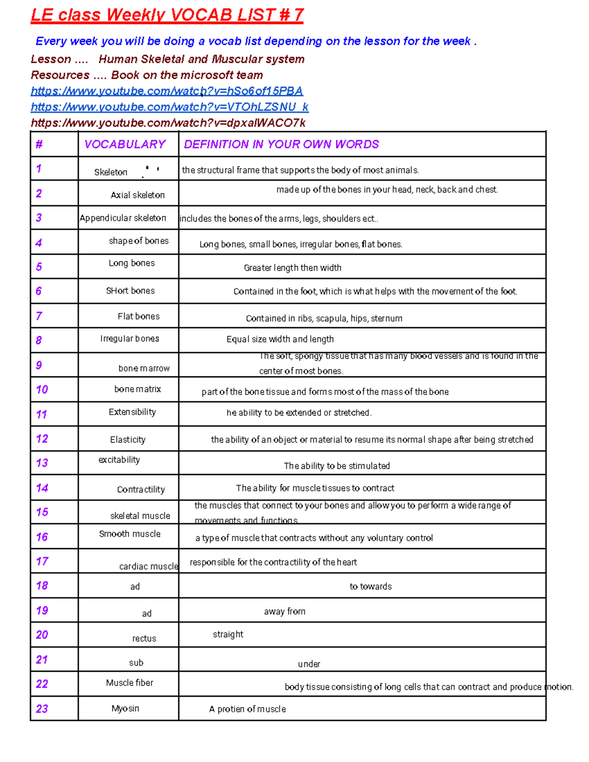 Kami Export - Vocab LIST 7 Muscles and bones 1 - LE class Weekly VOCAB LIST # 7 Every week you ...