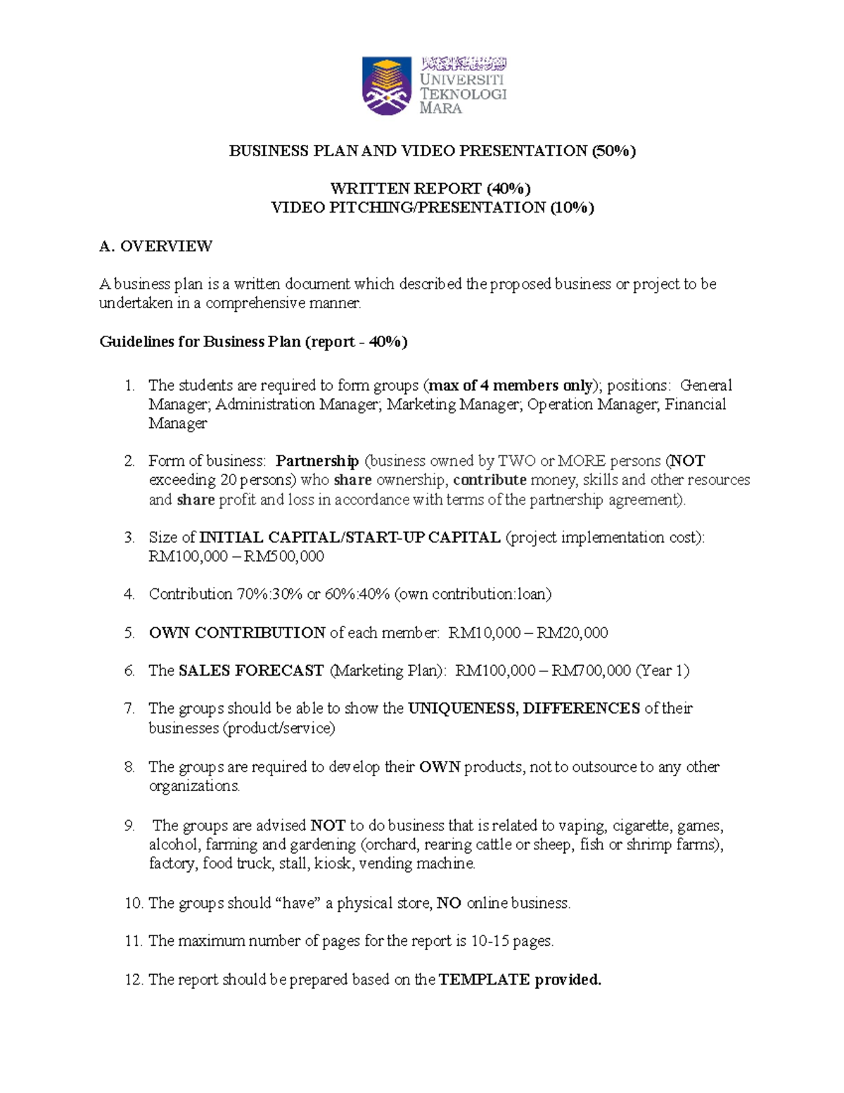 ENT300 - Business PLAN Format OCT2021 - BUSINESS PLAN AND VIDEO ...