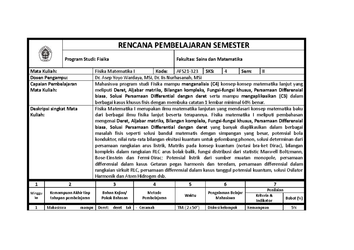 Pdf RPS-Fisika-Matematika-I th 2022/2023 - RENCANA PEMBELAJARAN ...