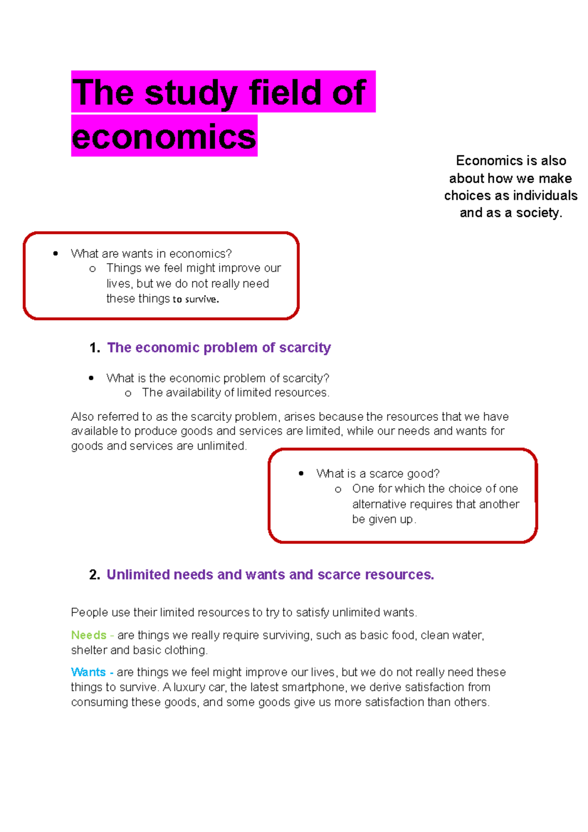 ECS1501- unit 1 - Study notes Topic one - The study field of economics ...