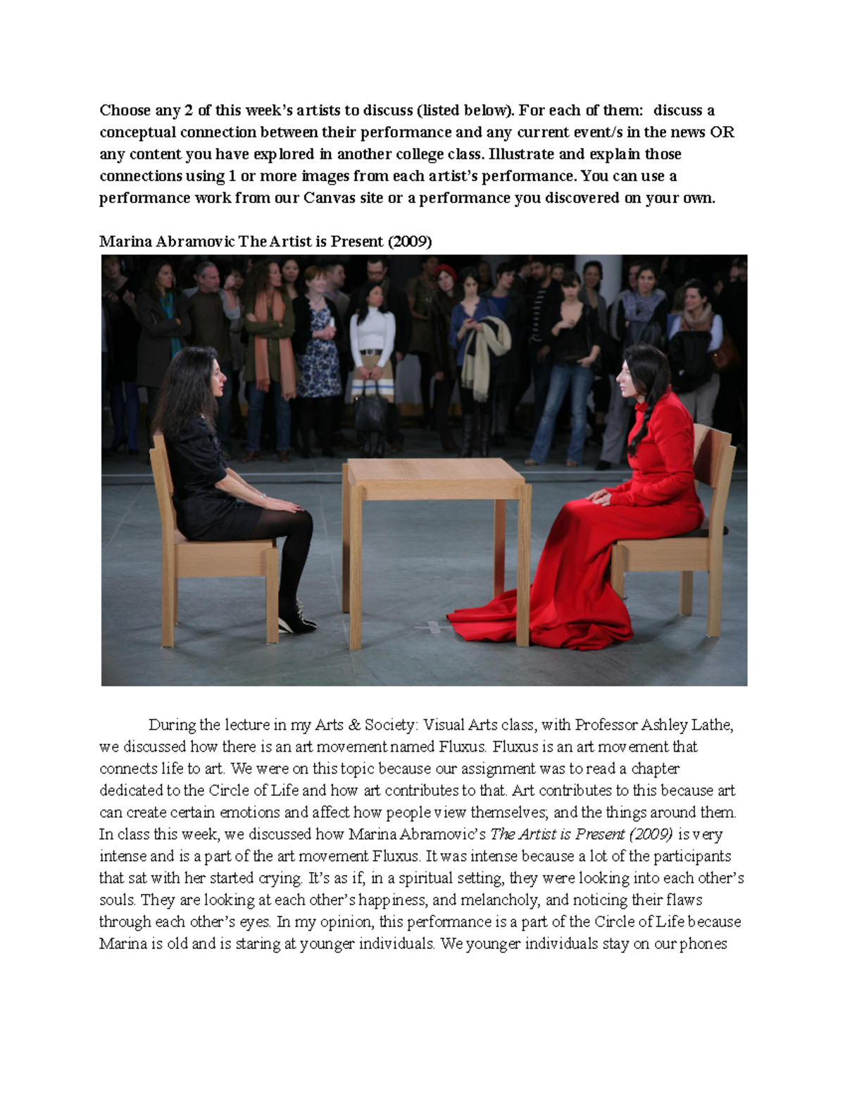 Performance Art Reflection - Choose any 2 of this week’s artists to ...