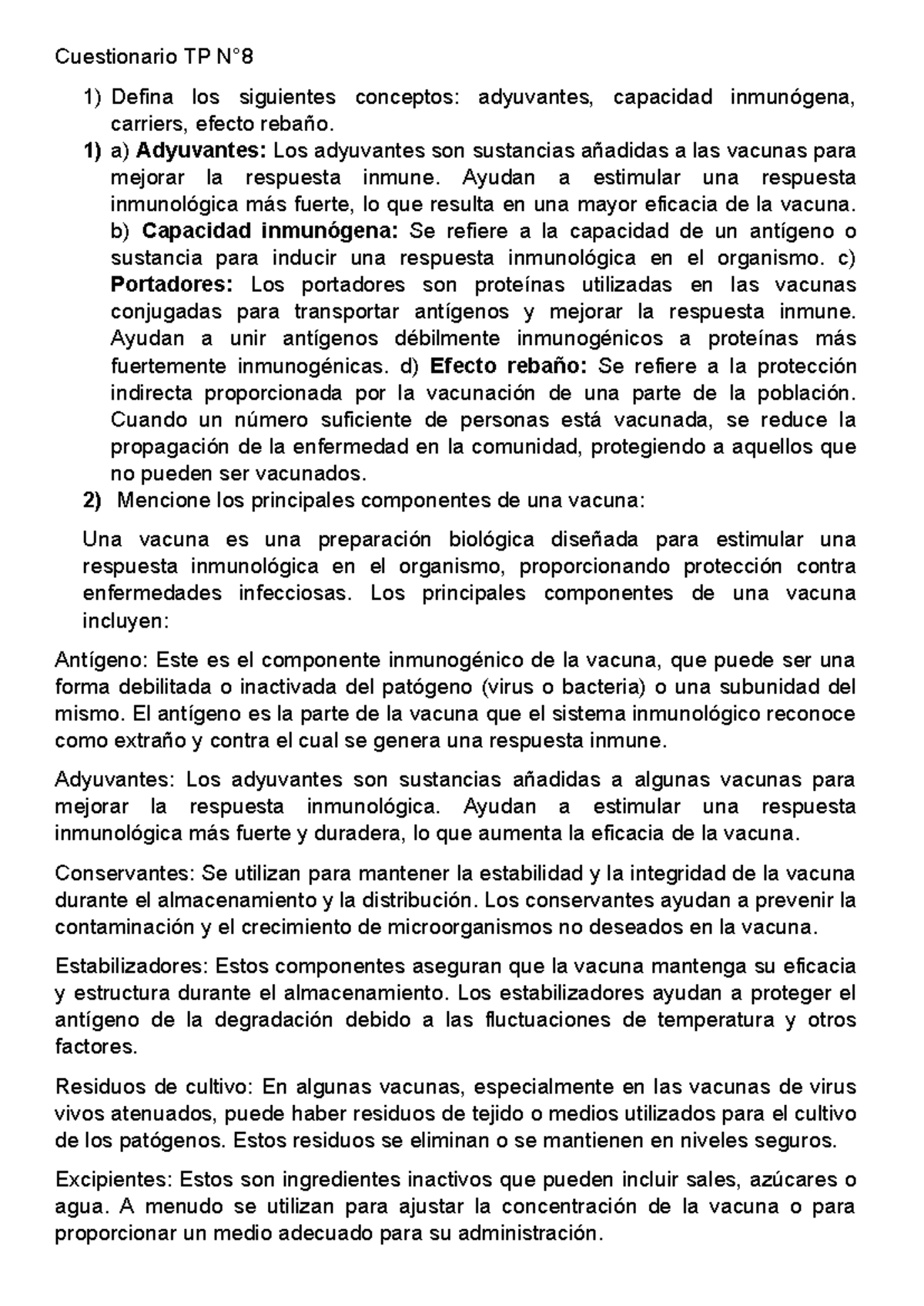 Guía vacunas - Cuestionario TP N° 1) Defina los siguientes conceptos ...