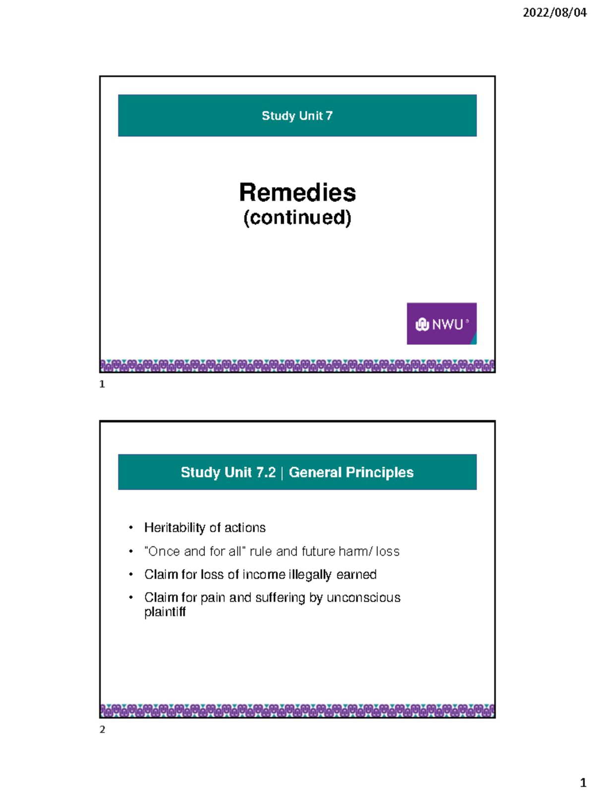 SU 7.2 - 2022 - Lecture notes - Remedies (continued) Study Unit 7 Study ...