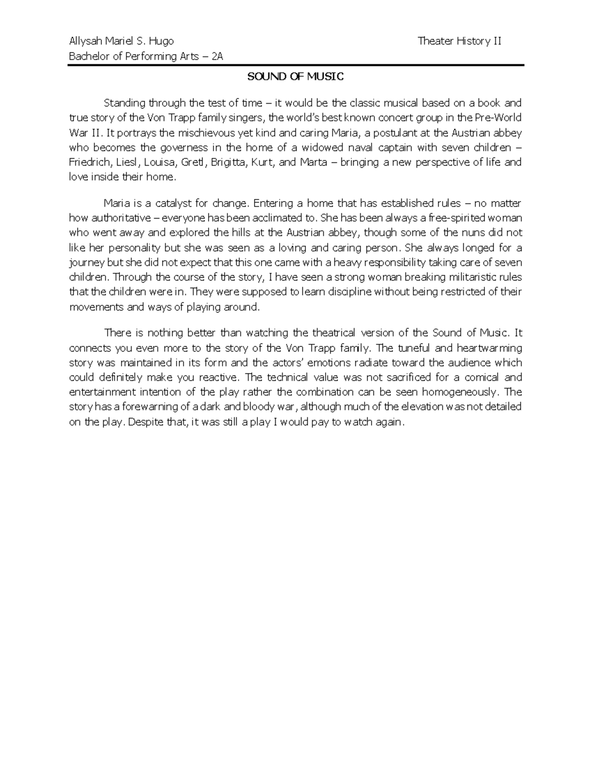 Reflection Paper - Allysah Mariel S. Hugo Theater History II Bachelor ...