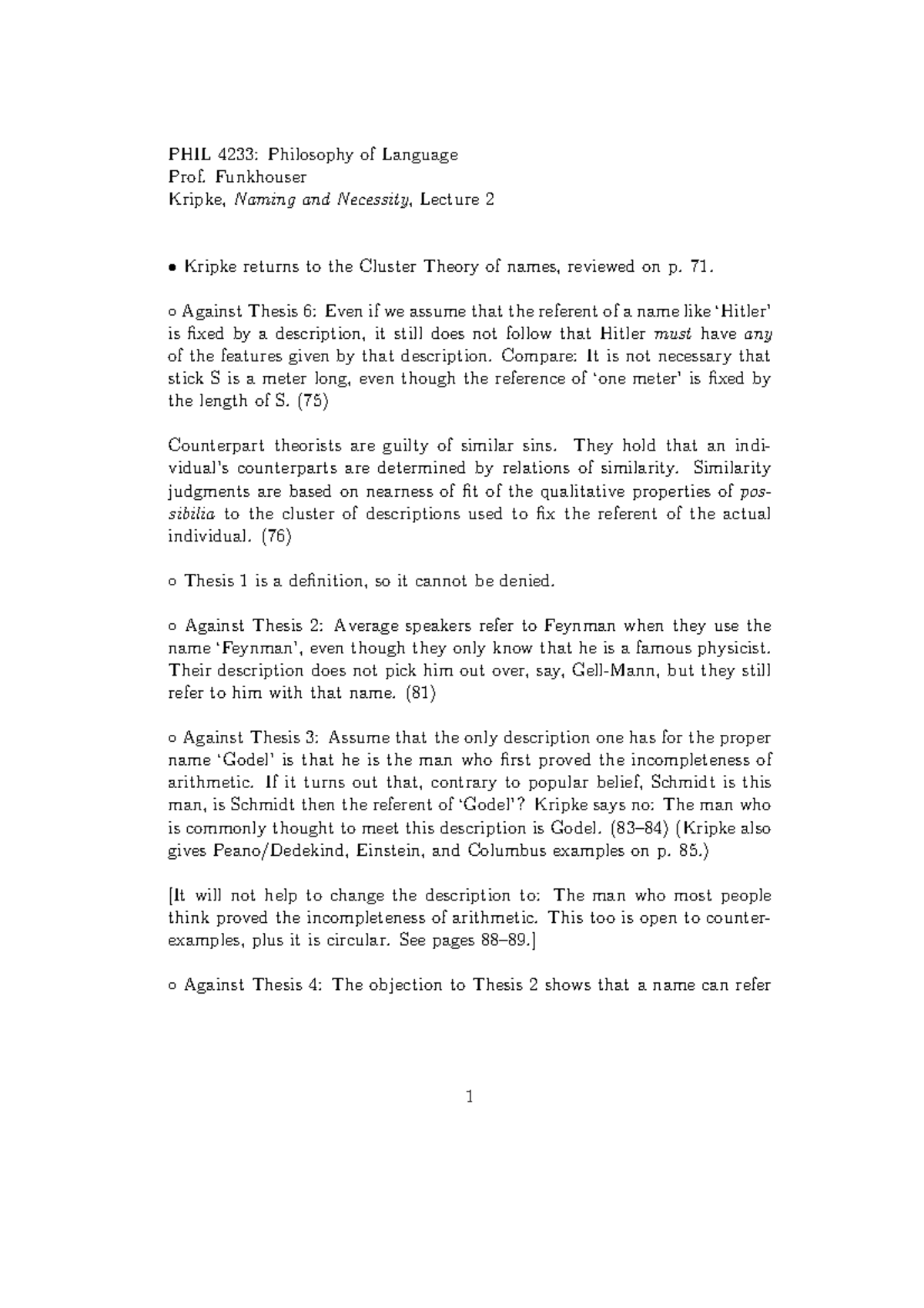 Lecture Notes Kripke Lecture 2 - PHIL 4233: Philosophy of Language Prof ...