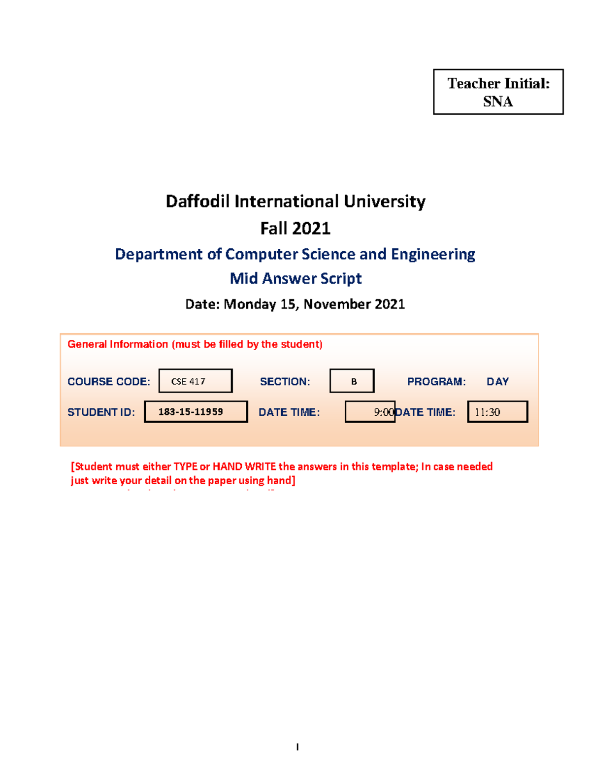 183 15 11859 CSE417 B mid - Daffodil International University Fall 2021 Department of Computer ...