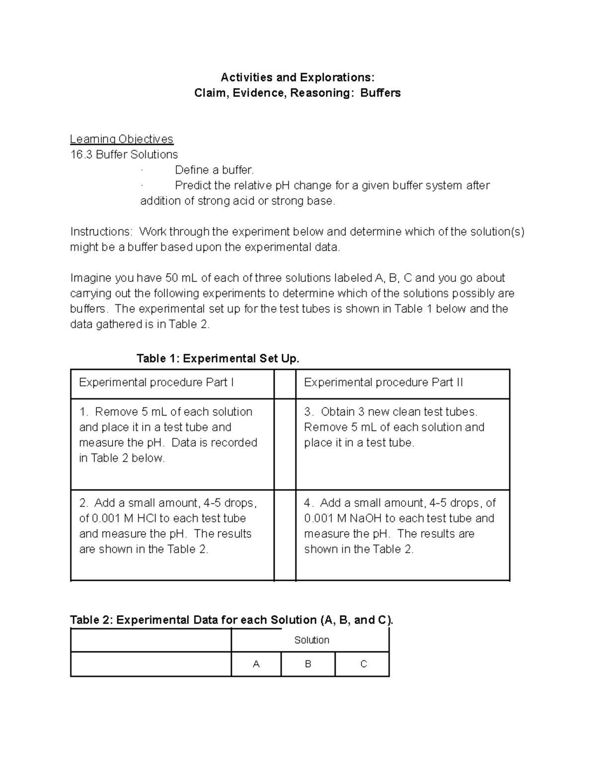 Buffers - Lab - Activities and Explorations: Claim, Evidence, Reasoning ...