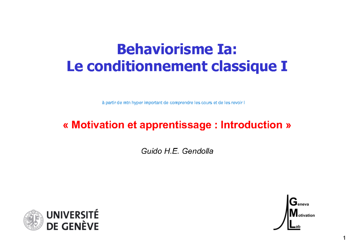 5 behaviorisme Ia - Notes de cours - 1 Behaviorisme Ia: Le ...