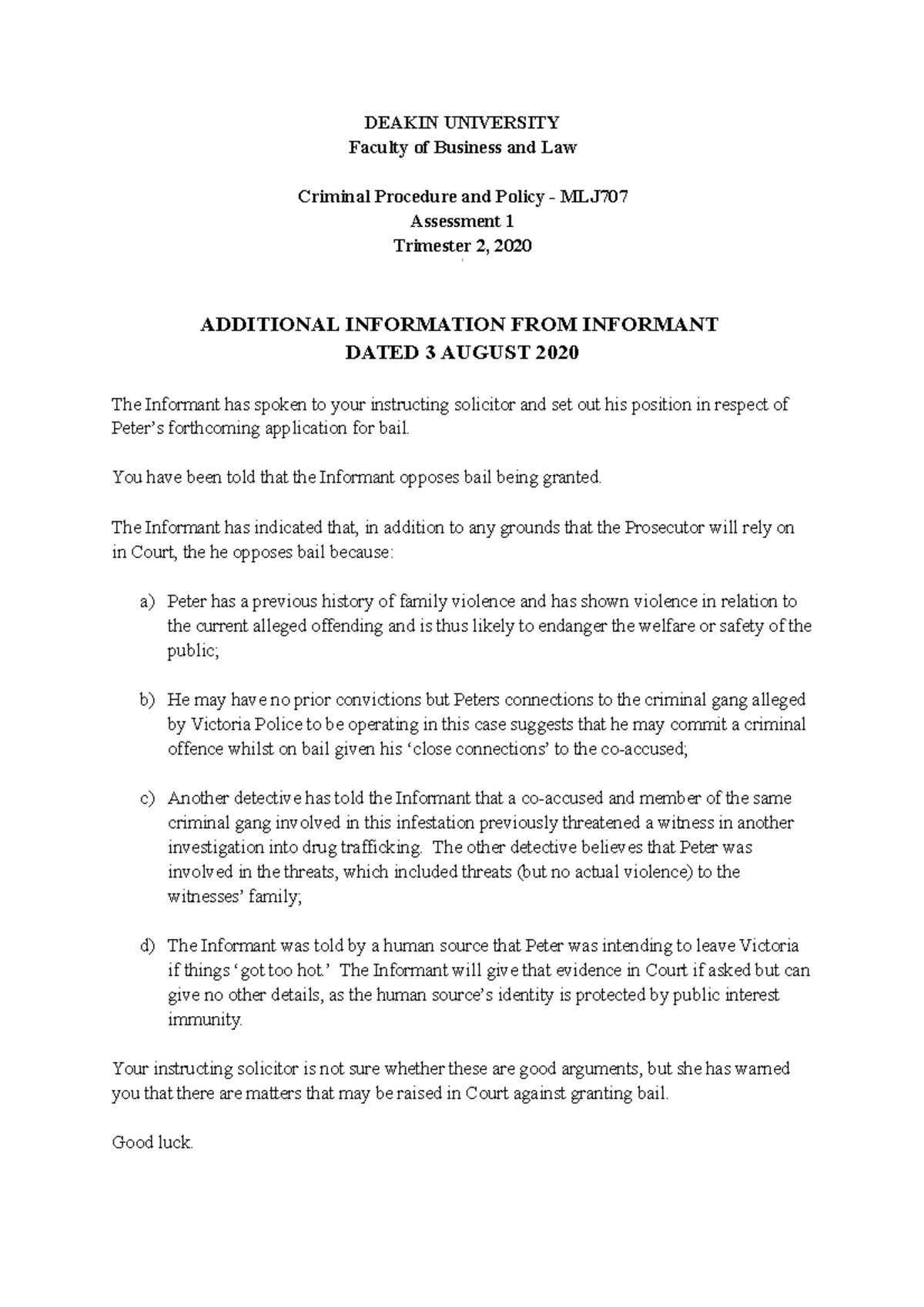 Bail Assignment Prosecution Letter - DEAKIN UNIVERSITY Faculty of ...