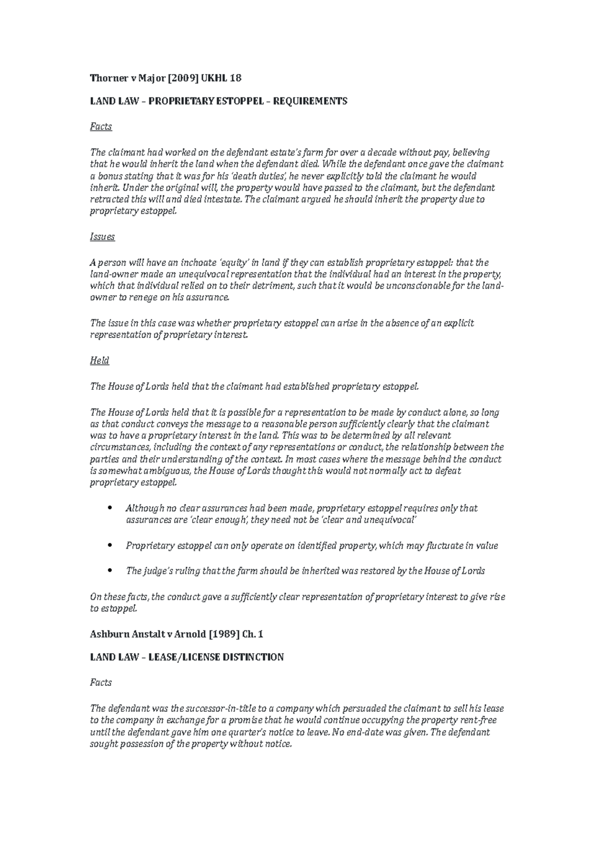 Seminar 6 cases - land law - Thorner v Major [2009] UKHL 18 LAND LAW ...