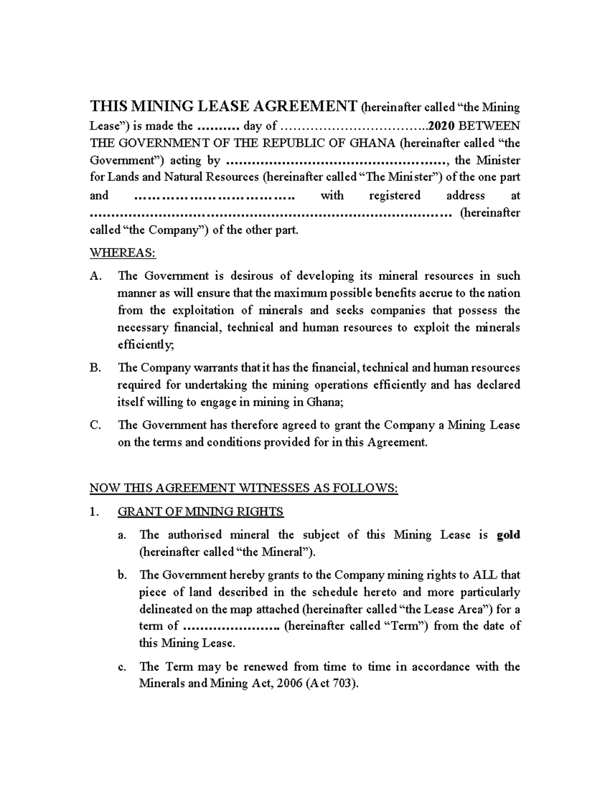 Standard-Mining-Lease Ghana - THIS MINING LEASE AGREEMENT (hereinafter ...