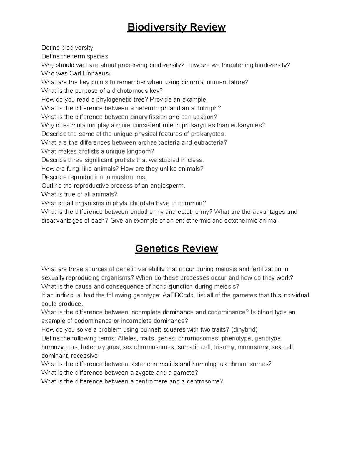 SBI3U Bio Exam Review part 2 - Biodiversity Review Define biodiversity ...