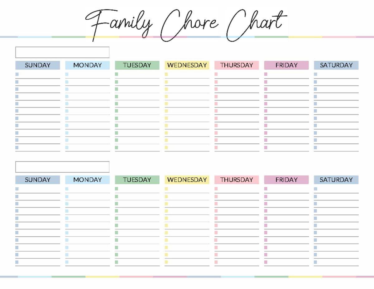 Family Chore Chart Fillable PDF - SUNDAY MONDAY TUESDAY WEDNESDAY ...