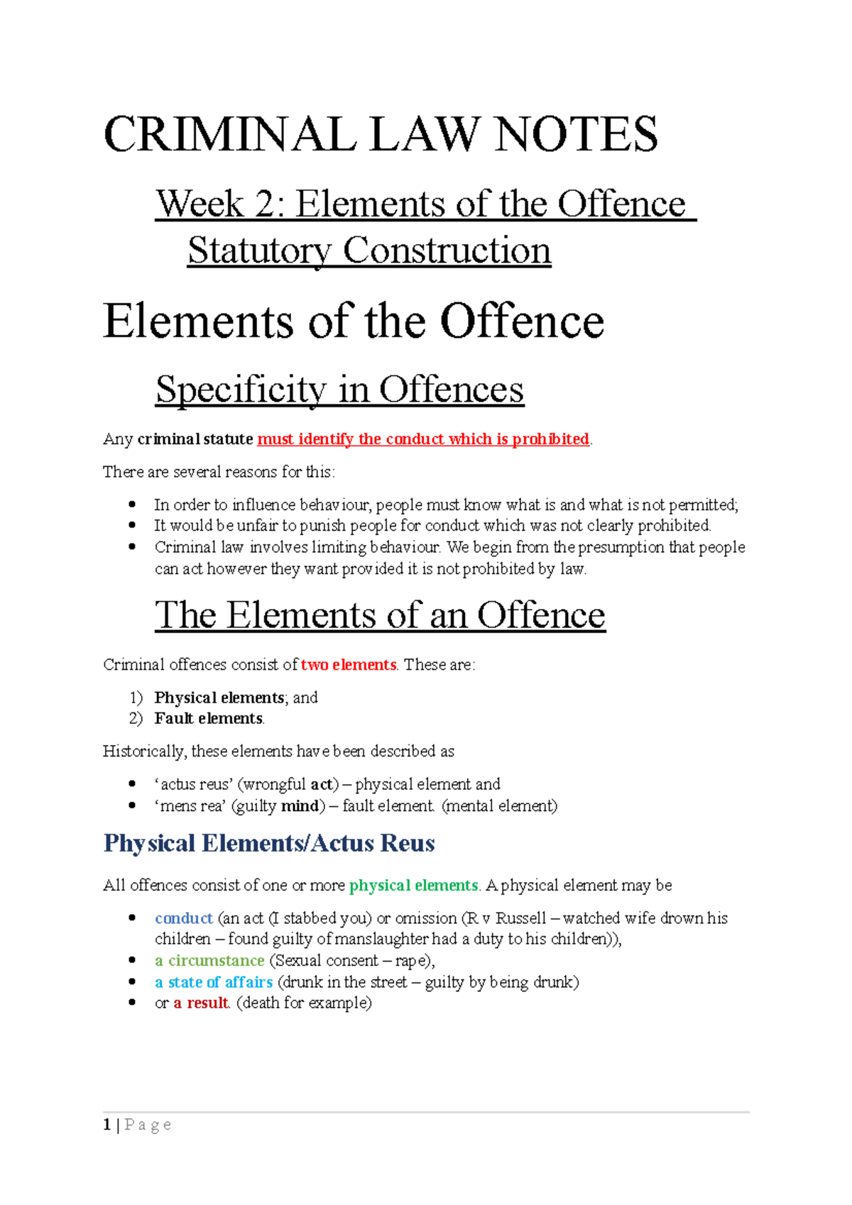 Weekly Notes Week 2 Criminal Law Notes - CRIMINAL LAW NOTES Week 2 ...