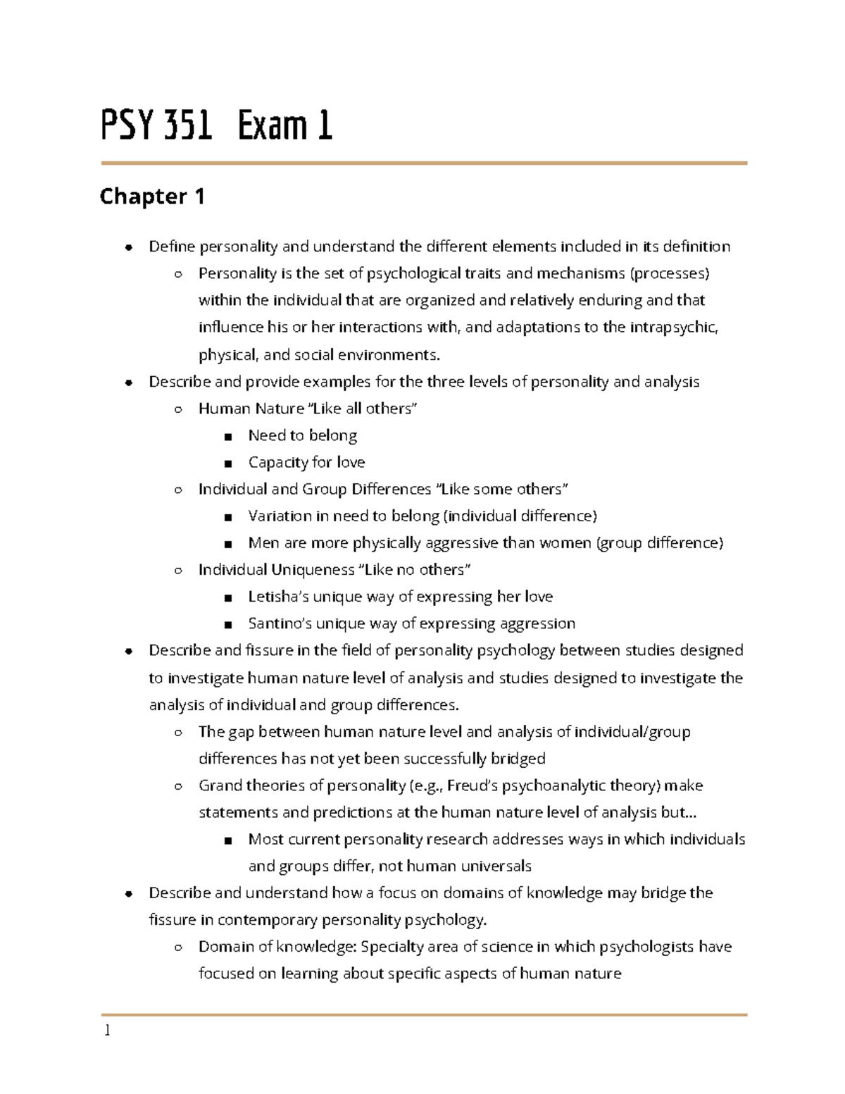 PSY 351 Exam 1 - study guide - PSY 351 Exam 1 Chapter 1 Deüne personality and understand the ...