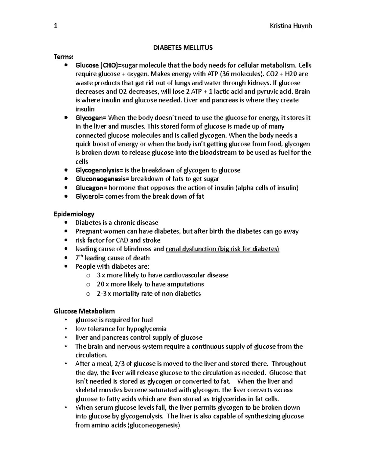 Diabetes Mellitus - Lecture notes 3 - 1 Kristina Huynh DIABETES ...