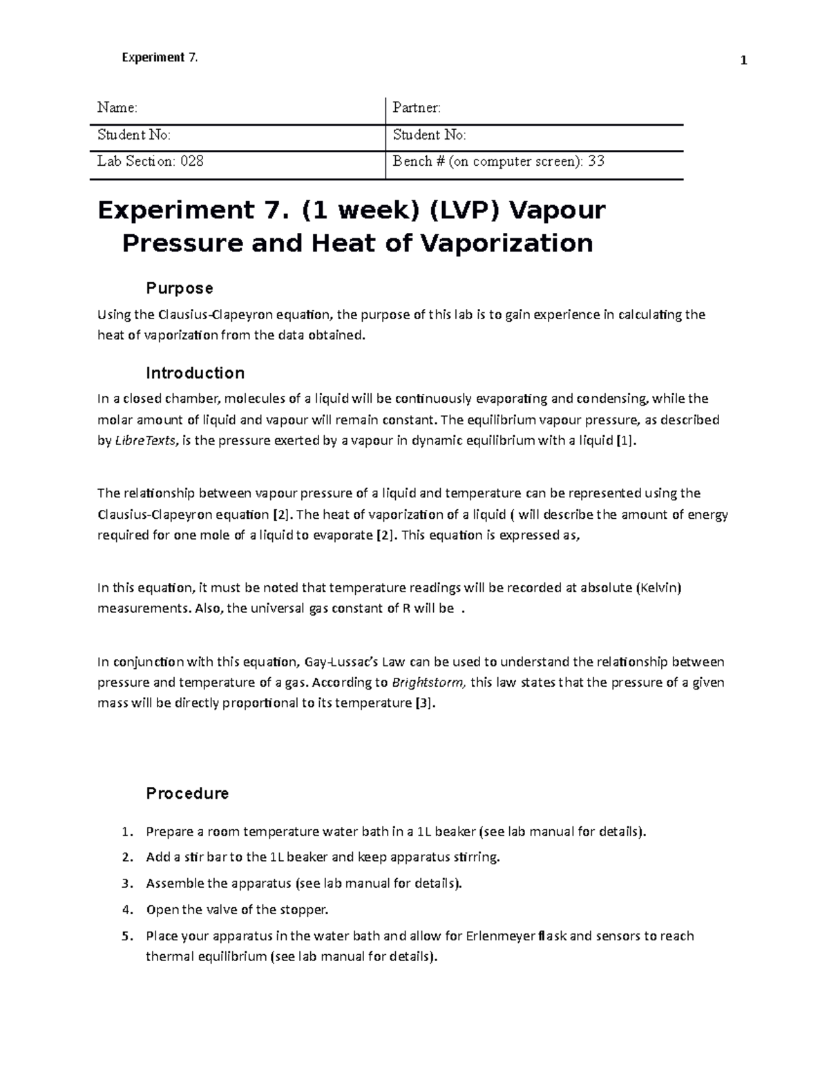 CHEM 112 Vapour Pressure Lab Report - Name: Partner: Student No ...